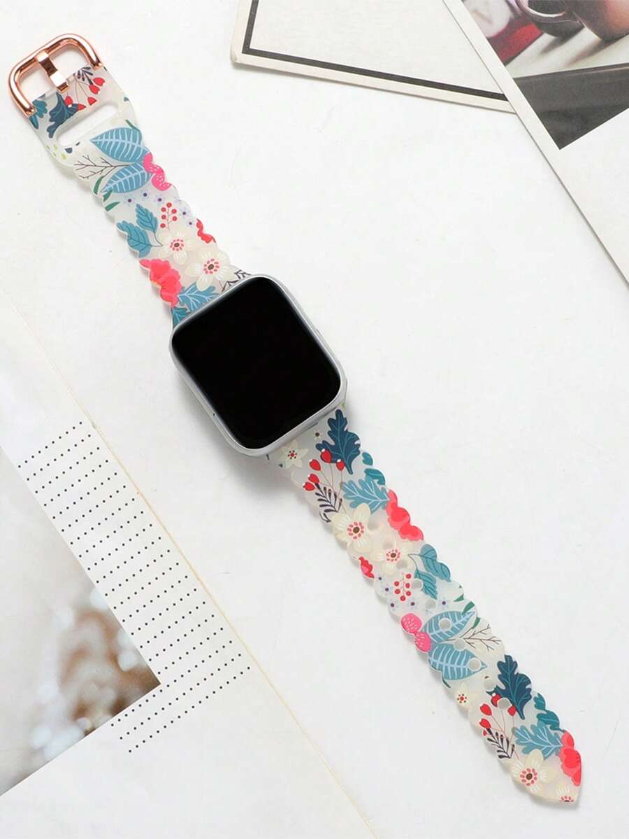 1pc Flower Print Silicone WatchBand Compatible With Apple Watch 38mm ...