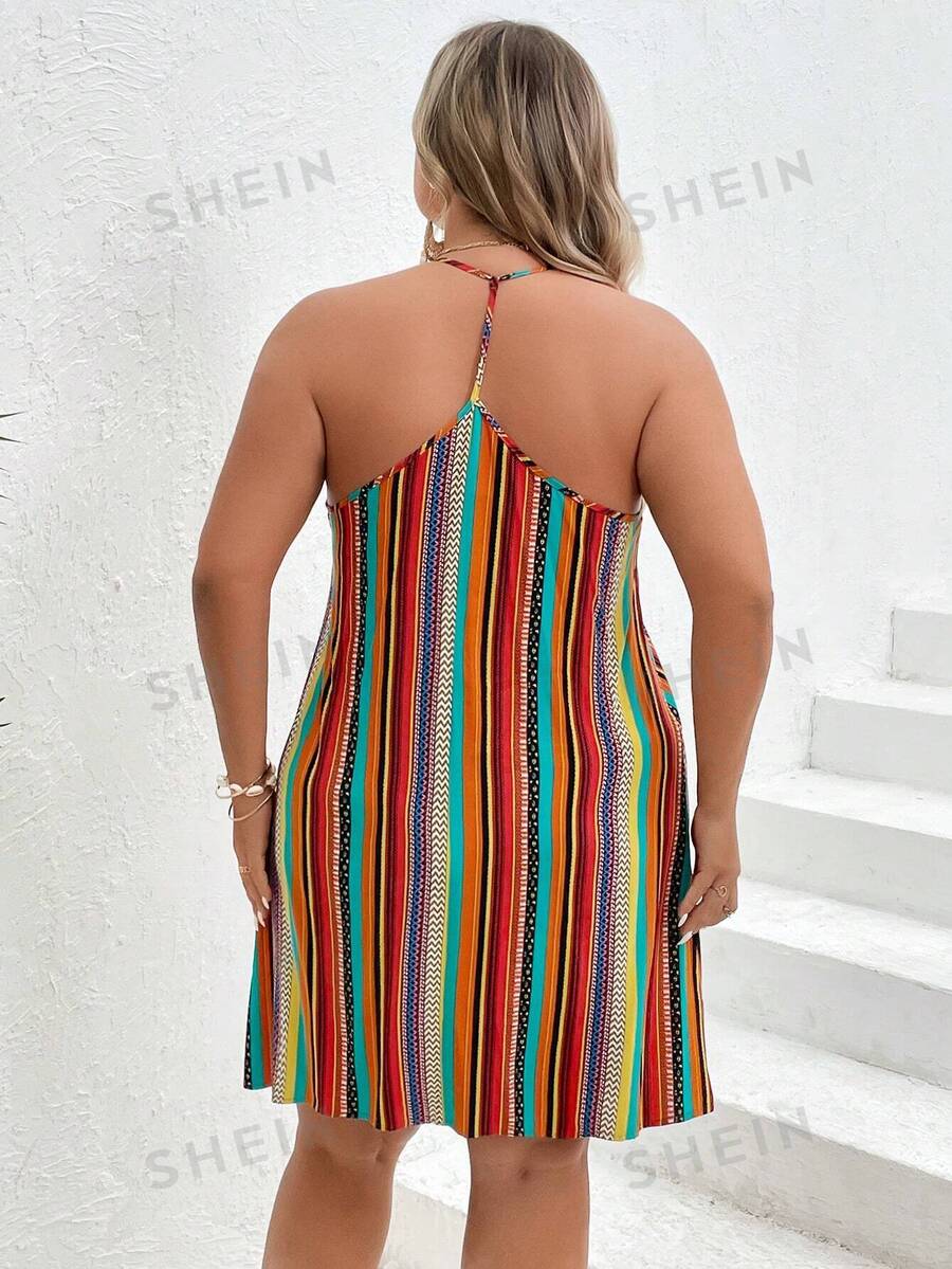 SHEIN VCAY Summer Women Plus Chevron And Striped Print V-Neck Halter ...