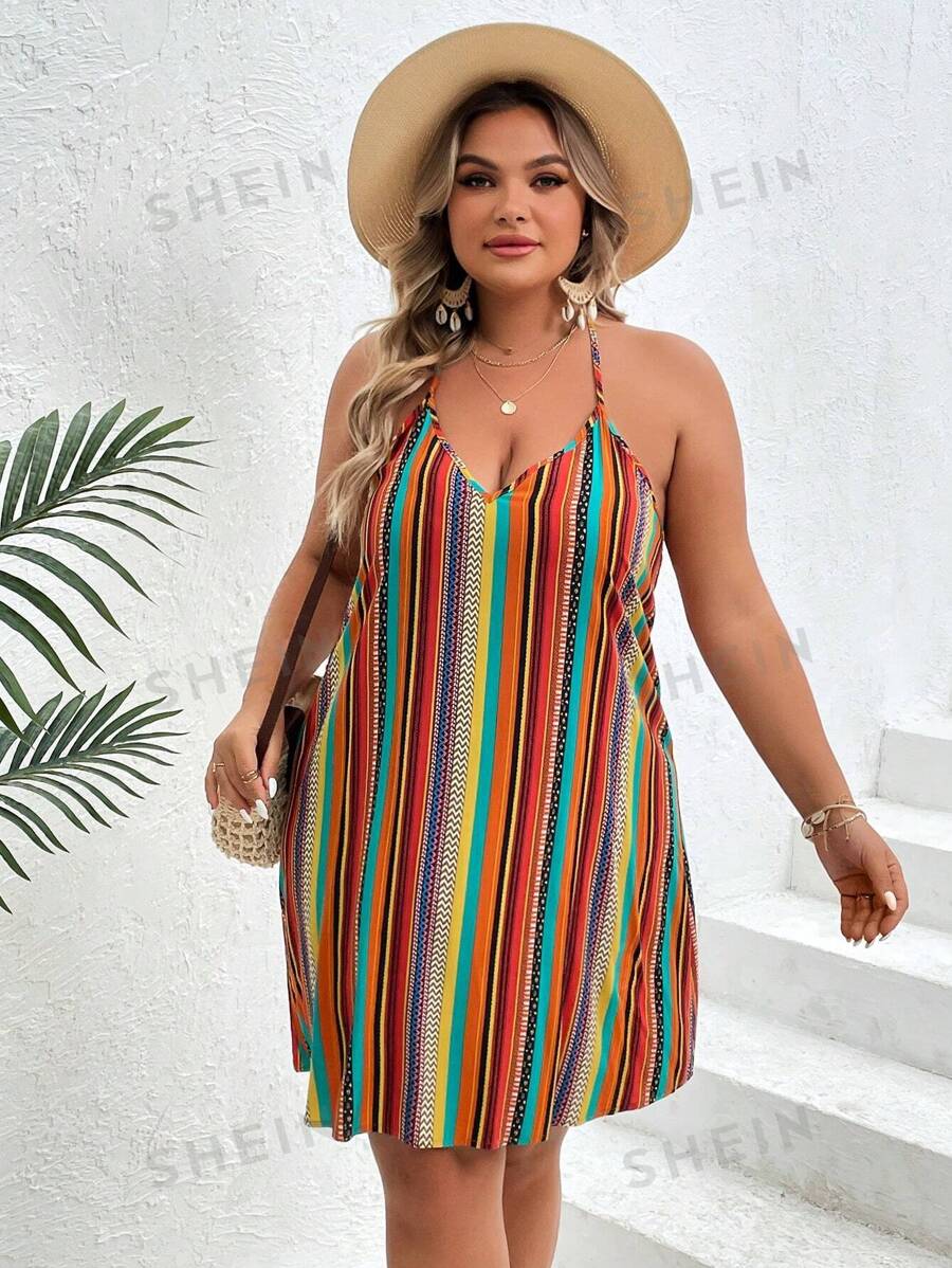 SHEIN VCAY Summer Women Plus Chevron And Striped Print V-Neck Halter ...