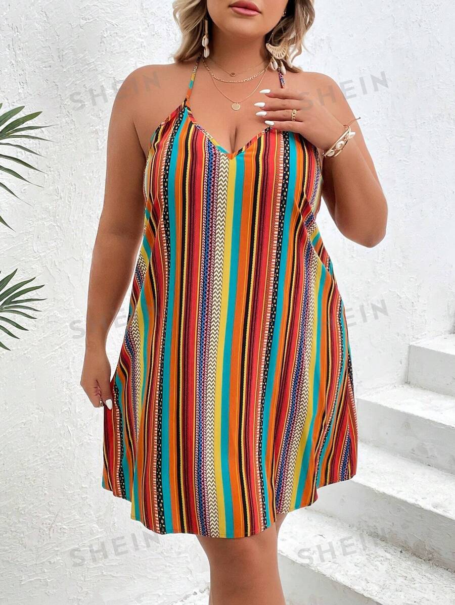 SHEIN VCAY Summer Women Plus Chevron And Striped Print V-Neck Halter ...