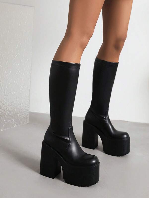 Women Black Minimalist Slip-On Platform Sock Boots, Punk Round Toe High ...