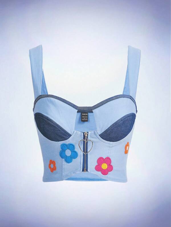 SHEIN ICON Embroidery Floral Pattern Cutout Zipper Front Wide Straps ...