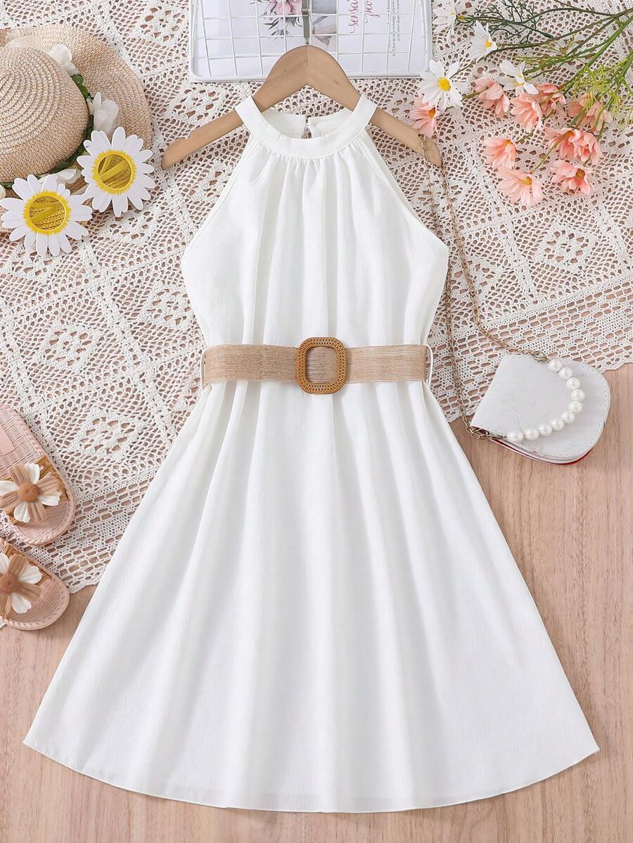 Tween Girl Solid Belted Halter Dress | SHEIN USA