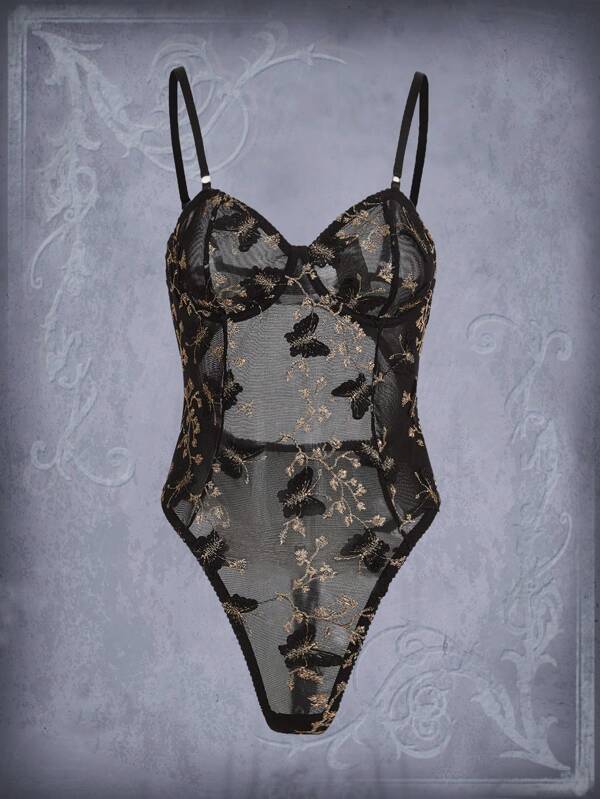 Goth Floral Embroidery Mesh Underwire Teddy Bodysuit Shein Usa