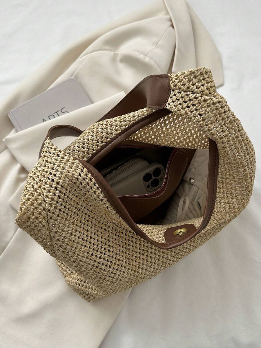 Vacation Straw Bag With Inner Pouch Contrast Binding Snap Button, Beach ... Vacation Straw Bag With Inner Pouch Contrast Binding Snap Button, Beach ...