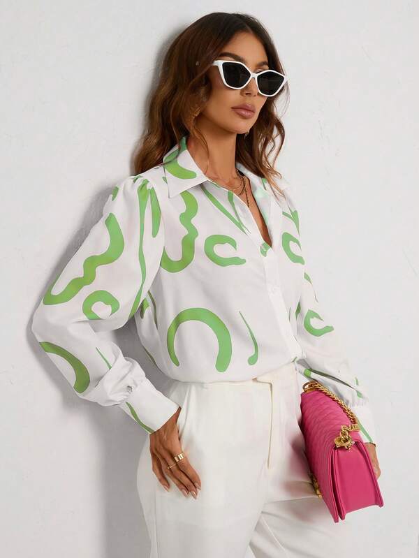 SHEIN BIZwear Graphic Print Button Front Shirt Workwear | SHEIN USA