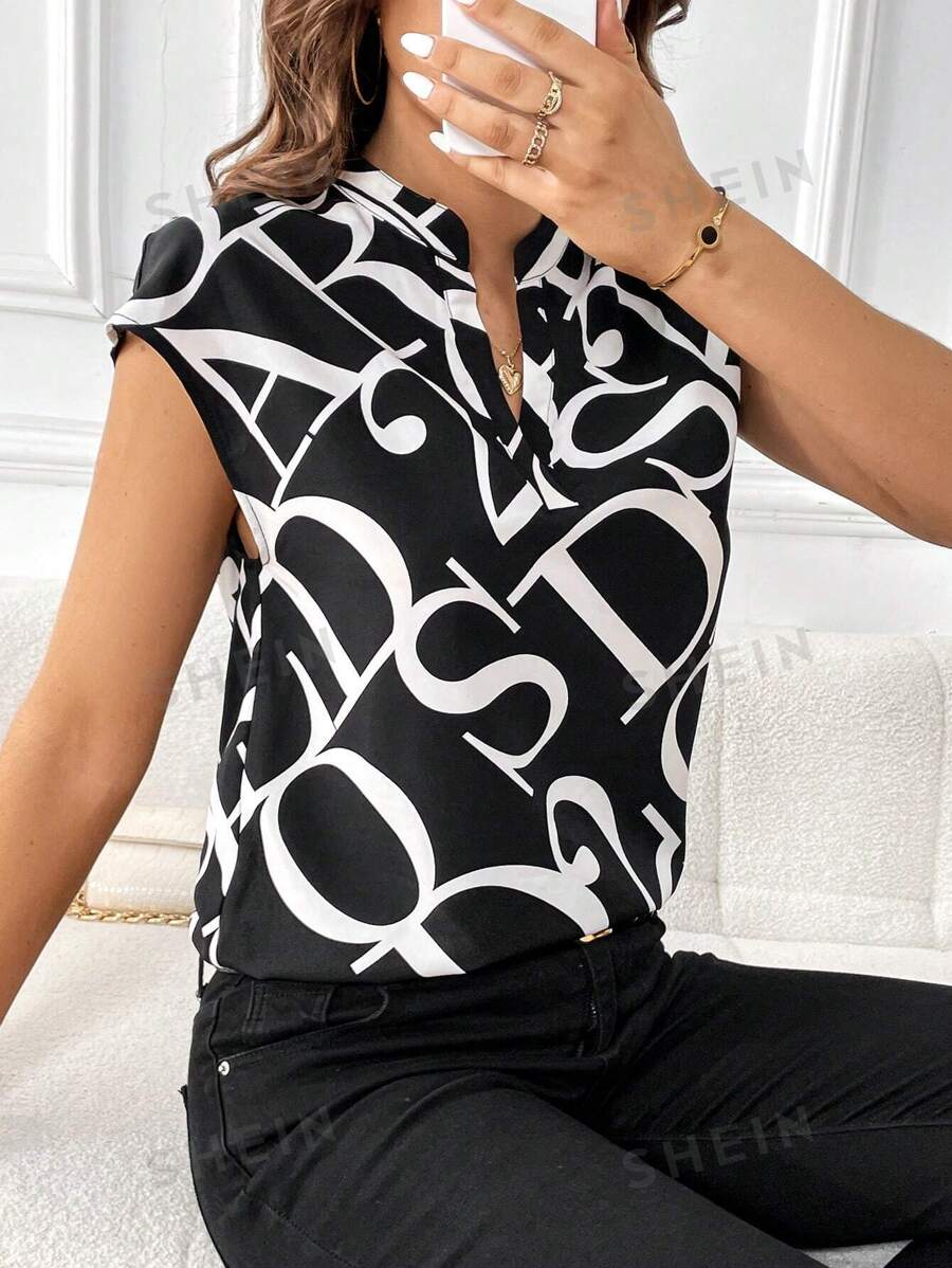 Shein Clasi Letter Graphic Notched Neckline Batwing Sleeve Blouse Black