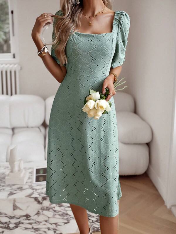 SHEIN Privé Vestido gola quadrada manga bufante coxa dividida | SHEIN Brasil