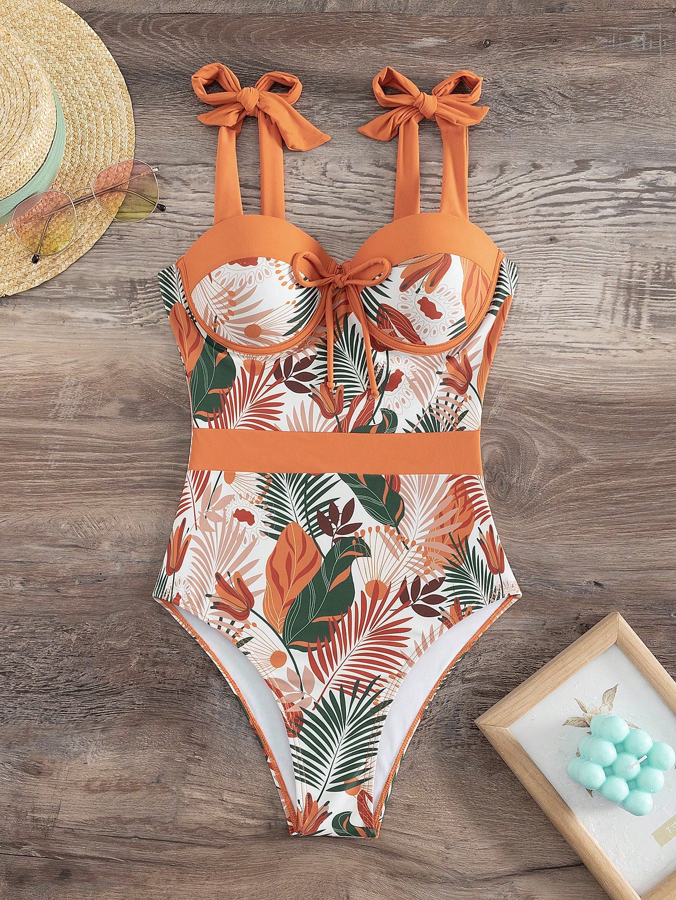 SHEIN Swim Vcay Tropical Print Tie Shoulder Underwire One Piece ...