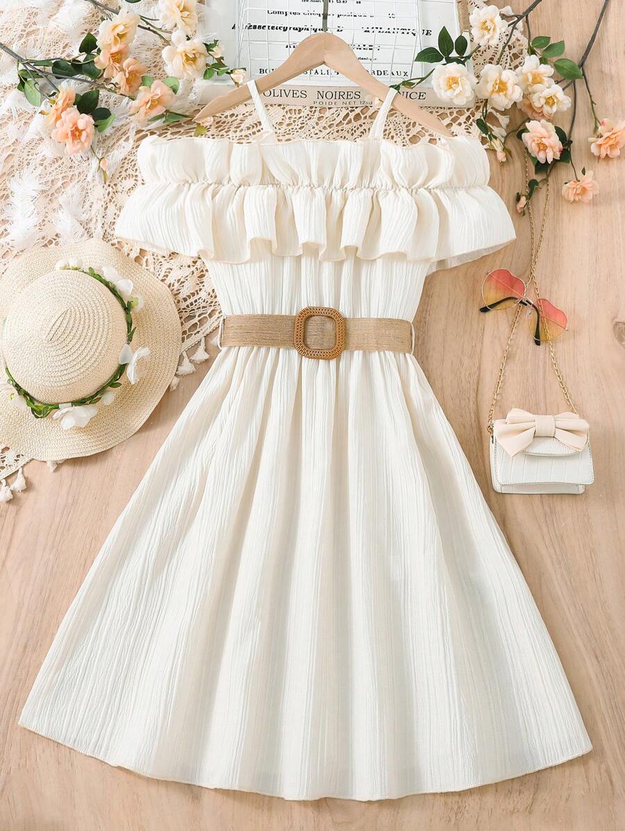 SHEIN Kids EVRYDAY Tween Girl Cold Shoulder Ruffle Trim Belted Dress ...