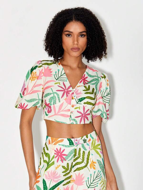 Miriam Omar Tropical Print Button Front Crop Blouse | SHEIN USA