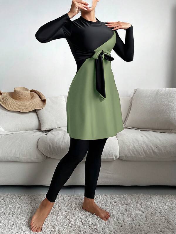 SHEIN Swim Mulvari Color Block Knot Front Full Body Bikini Swimsuit ...