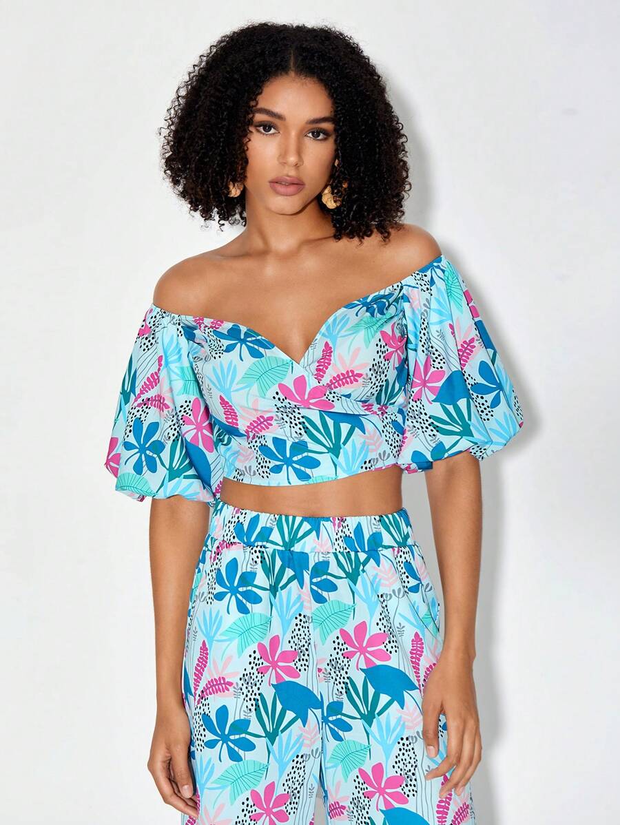 Debra Valencia Tropical Print Off Shoulder Puff Sleeve Crop Blouse ...