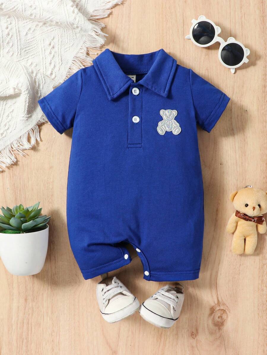 SHEIN Newborn Baby Boy Bear Patched Detail Polo Neck Romper | SHEIN ...