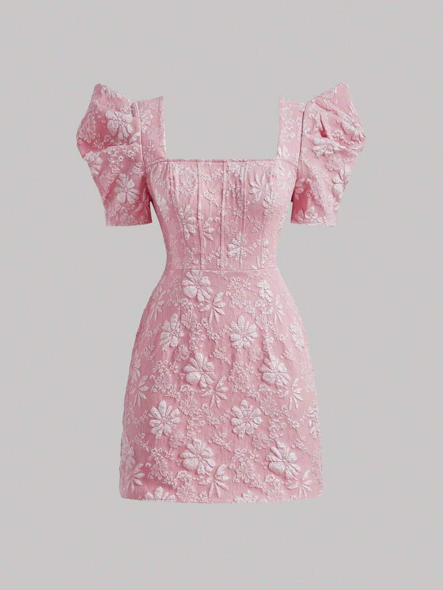 SHEIN MOD Floral Jacquard Square Neck Puff Sleeve Pink Date Night Dress ...