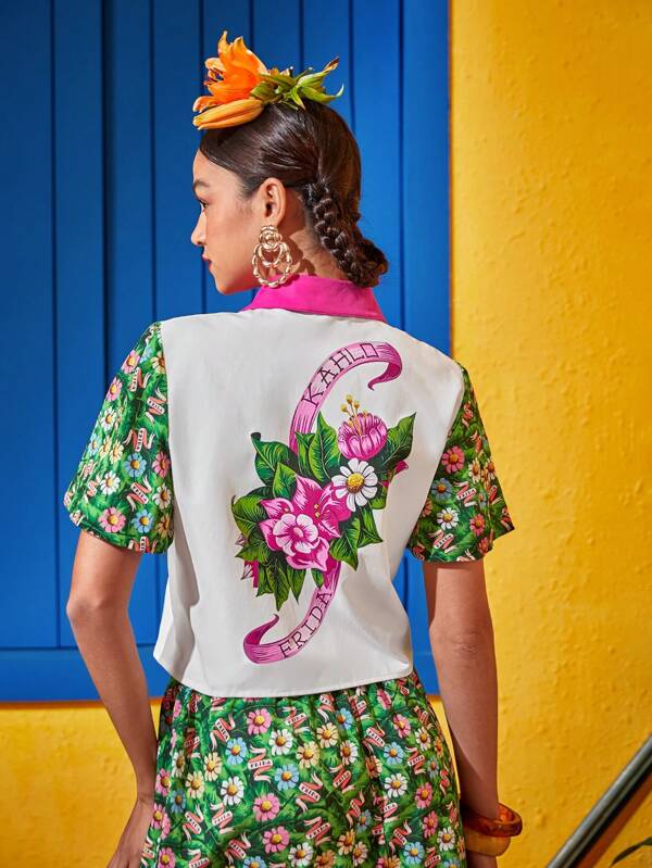 Frida Kahlo X Shein X Designer Shein X Yumiko Floral Print Button Front