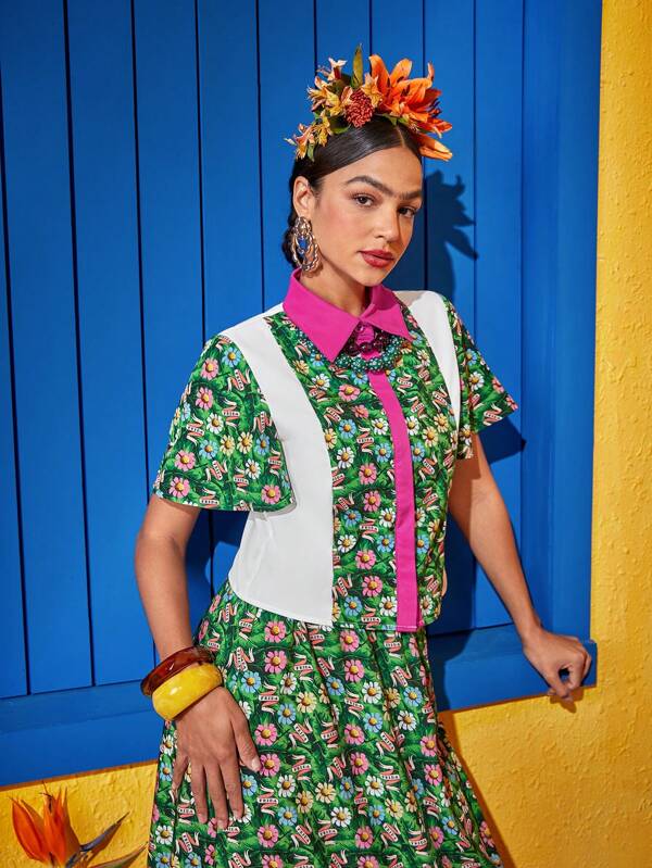 Frida Kahlo X Shein X Designer Shein X Yumiko Floral Print Button Front