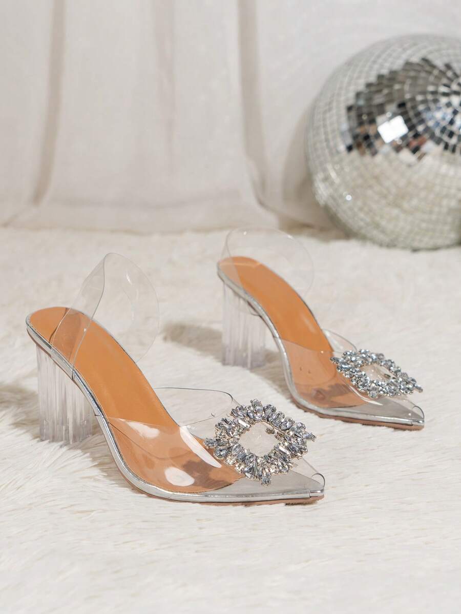 Women Rhinestone Decor Slingback Pumps, Clear Chunky Heeled Glamorous ...