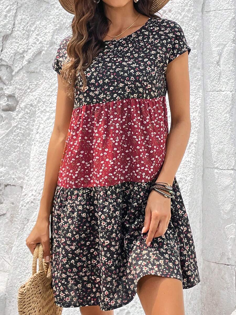 EMERY ROSE Women's Summer Vacation Ditsy Floral Round Neck Short Sleeve Casual Dress | SHEIN USA