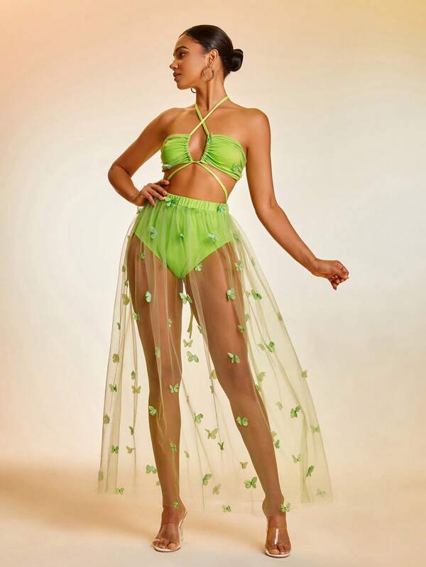 Butterfly Appliques Mesh Overlay Halter Dress Shein Usa