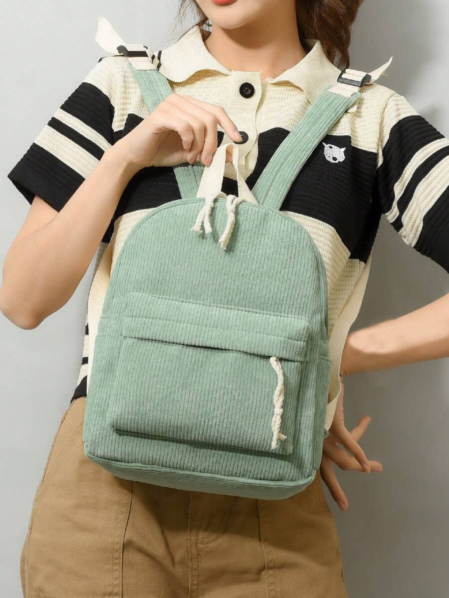 Preppy Classic Backpack Solid Color Zipper Adjustable Strap School ...