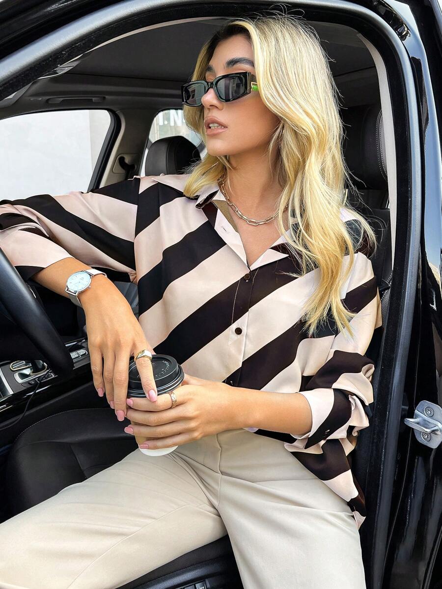 SHEIN Privé Striped Print Button Front Shirt | SHEIN USA