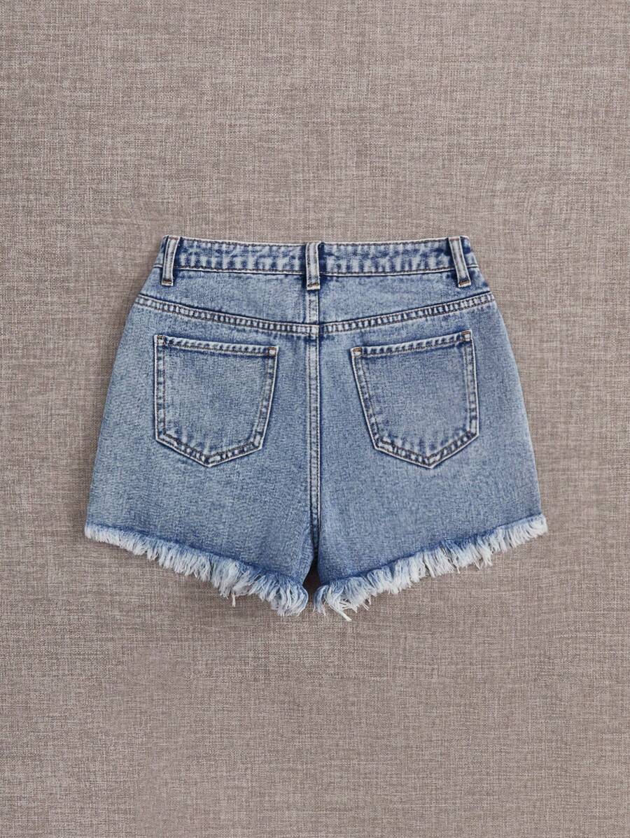 SHEIN Teen Girls Ripped Raw Hem Denim Shorts | SHEIN USA