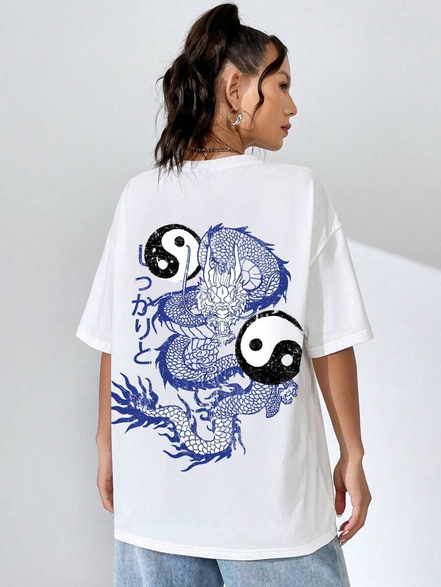 SHEIN Coolane Yin & Yang & Dragon Graphic Drop Shoulder Oversized Tee ...