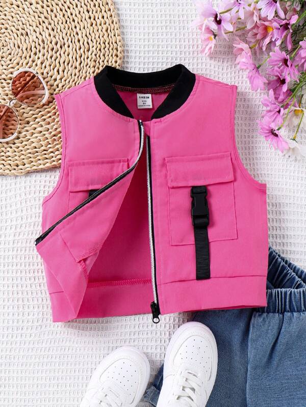 Tween Girl Flap Pocket Zipper Front Vest Jacket | SHEIN UK