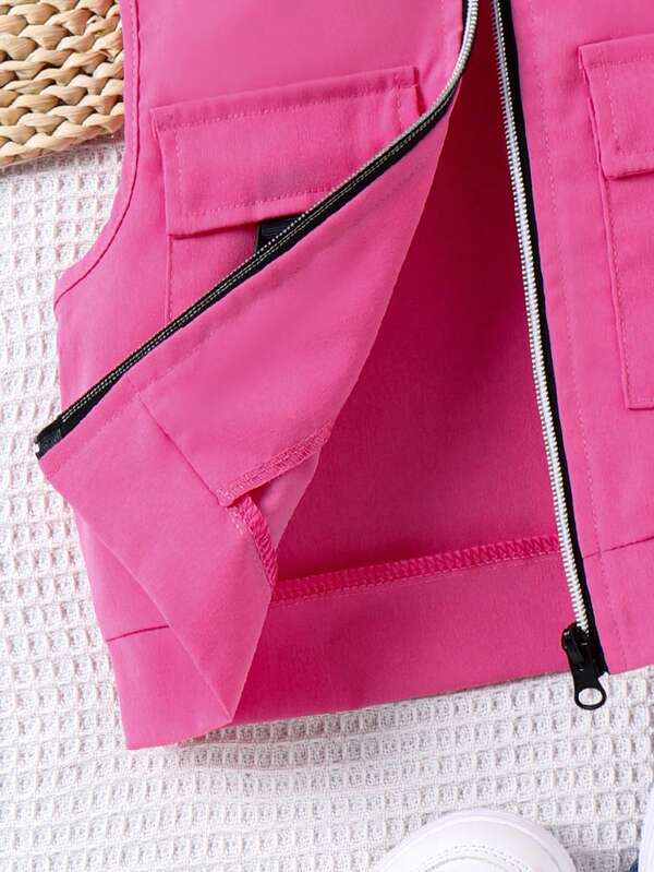 SHEIN Kids Y2Kool Tween Girl Flap Pocket Zipper Front Vest Jacket ...