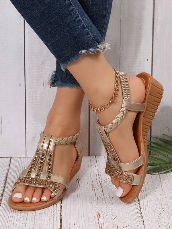 Women Metallic Braided Detail Rhinestone Decor Sandals, Glamorous Gold ...