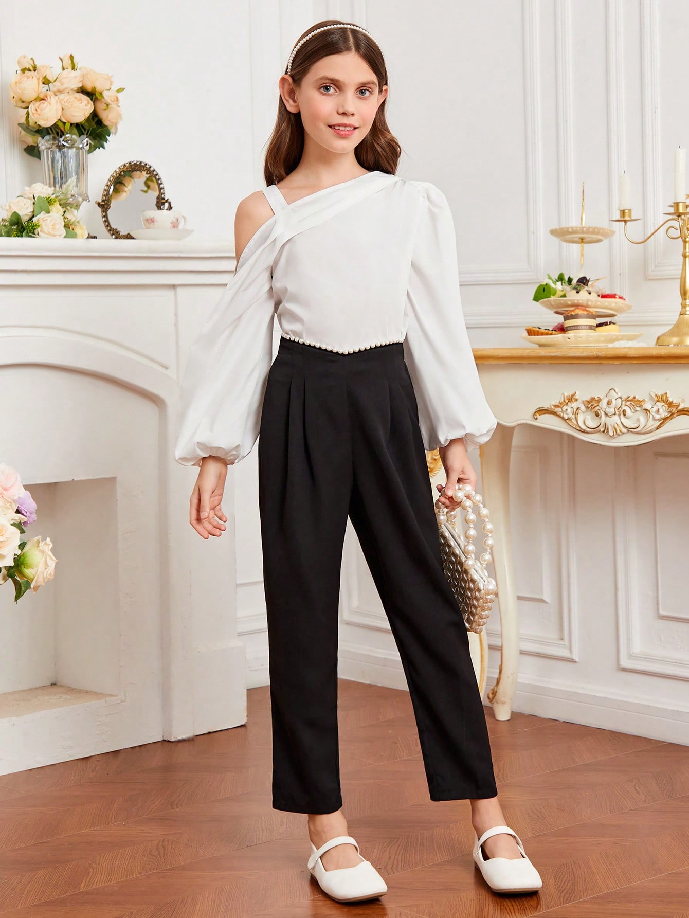 SHEIN Kids Nujoom Girls Asymmetrical Neck Lantern Sleeve Blouse | SHEIN USA