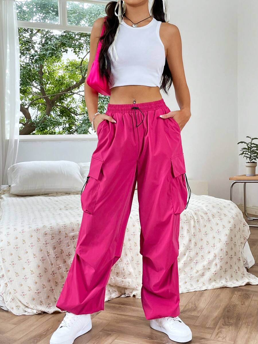 SHEIN EZwear Pantalones De Carga Color Rosa Con Bolsillo Tipo Solapa ...