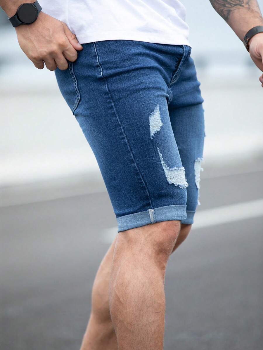 Manfinity LEGND Men Ripped Frayed Roll Hem Bermuda Denim Shorts Plain ...