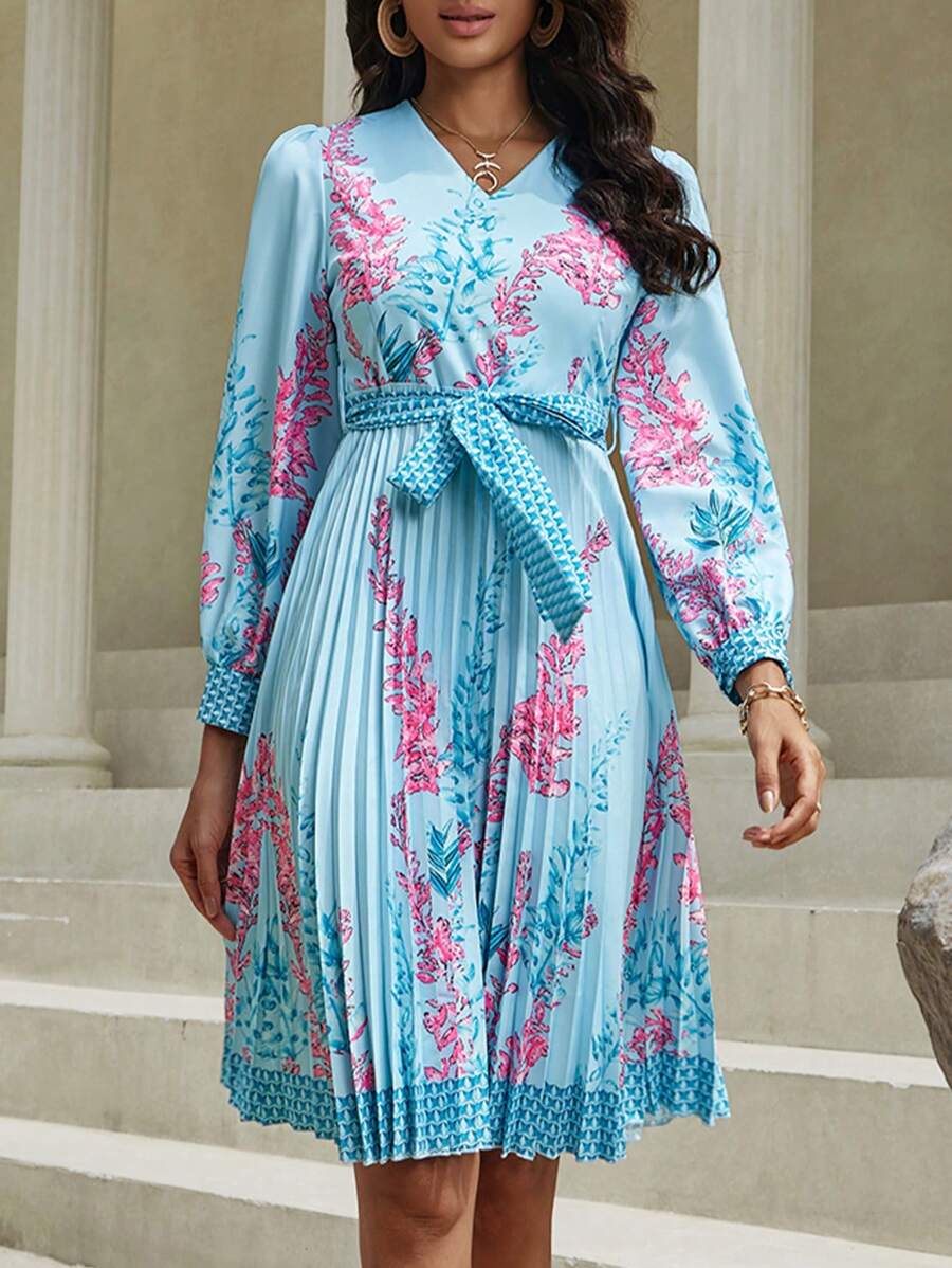 SHEIN Clasi Floral Print Pleated Hem Belted Dress | SHEIN USA