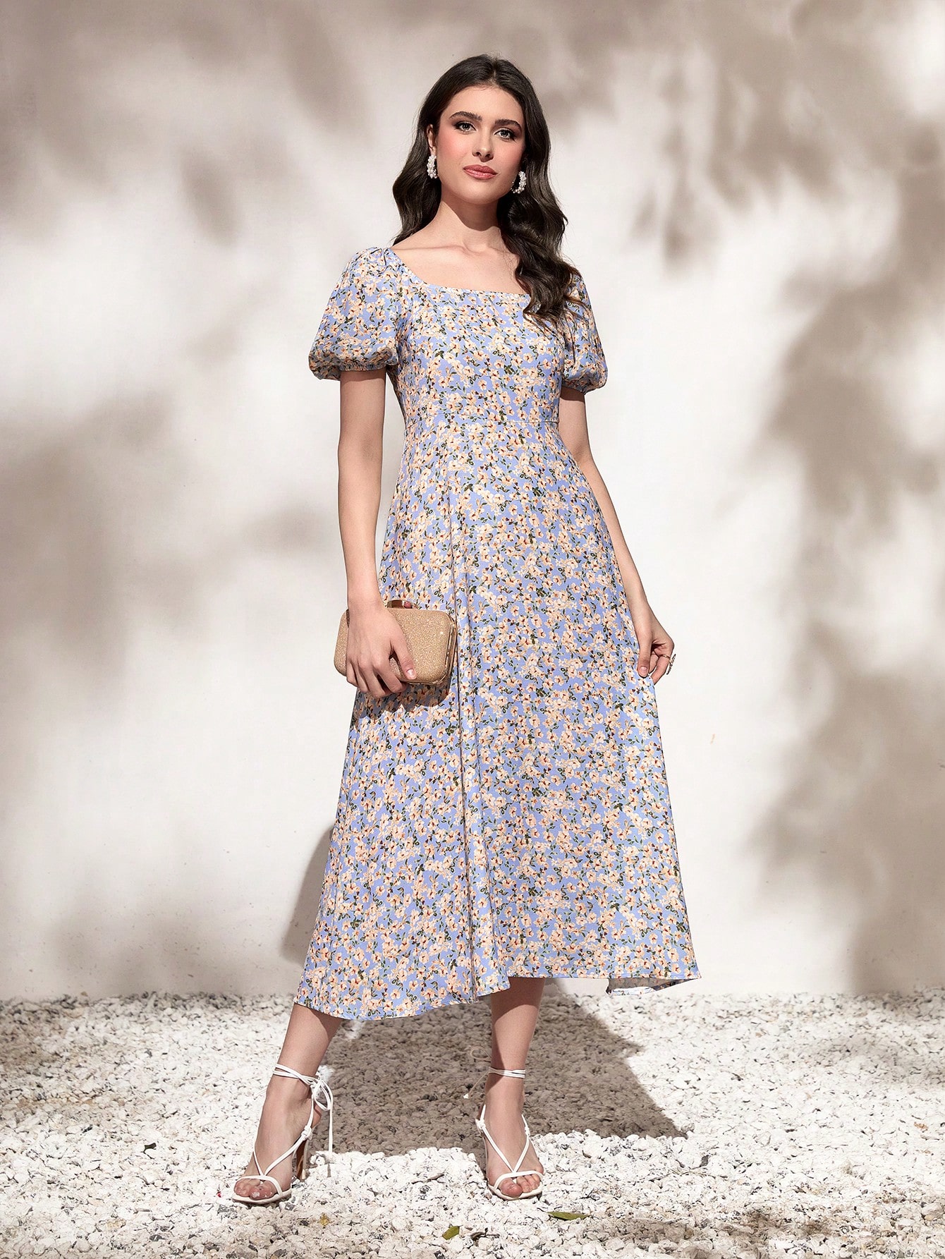 SHEIN Mulvari Allover Floral Print Square Neck Puff Sleeve Dress | SHEIN