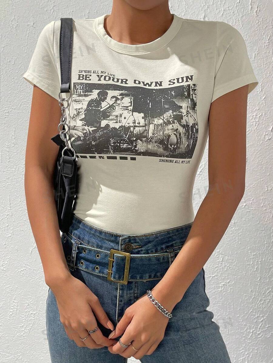 Shein Ezwear Summer Outfits Y2k Slogan And Figure Graphic Tee Shein Usa