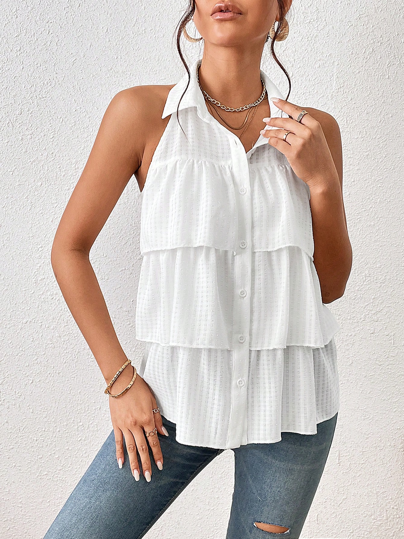 Shein Privé Solid Button Front Ruffle Hem Shirt Shein Usa