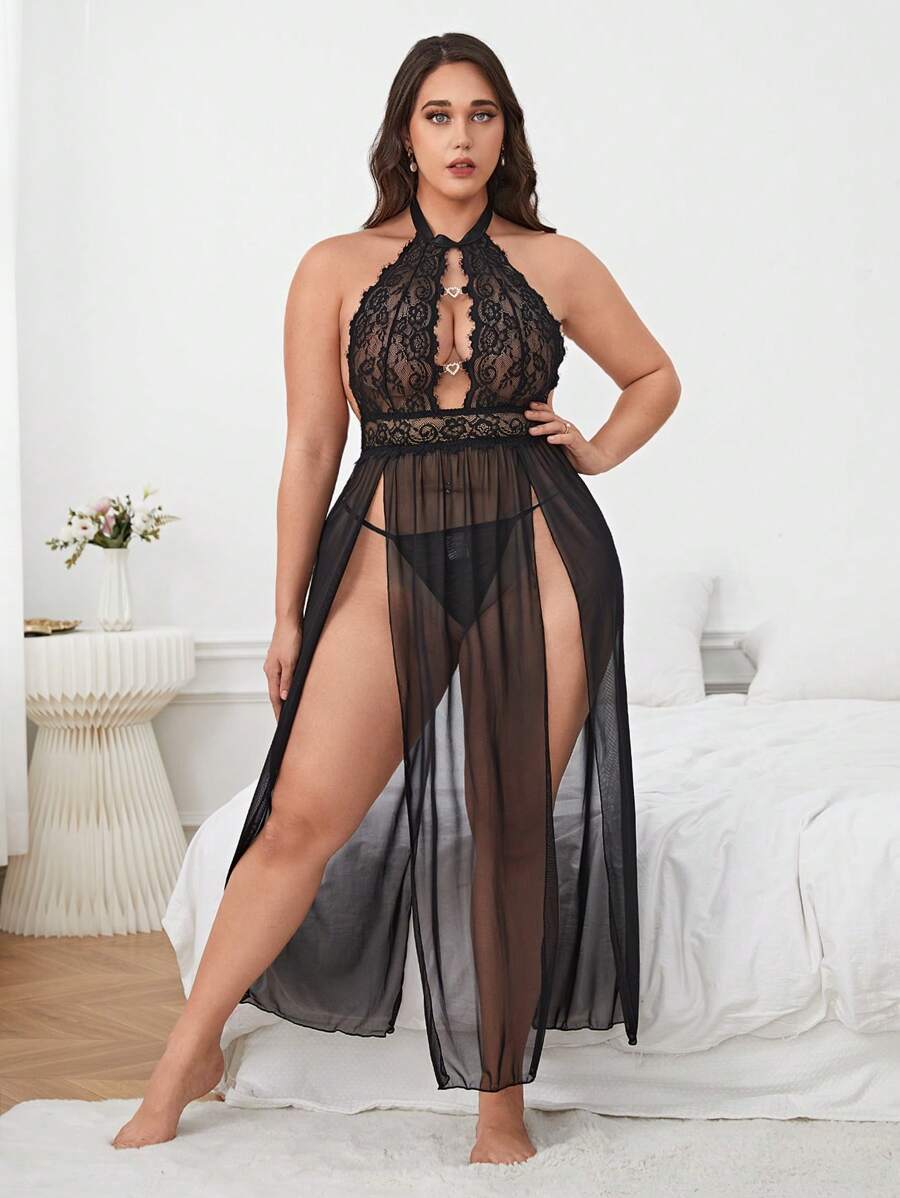 Classic Sexy Plus Contrast Lace Mesh Halter Dress With Thong | SHEIN USA