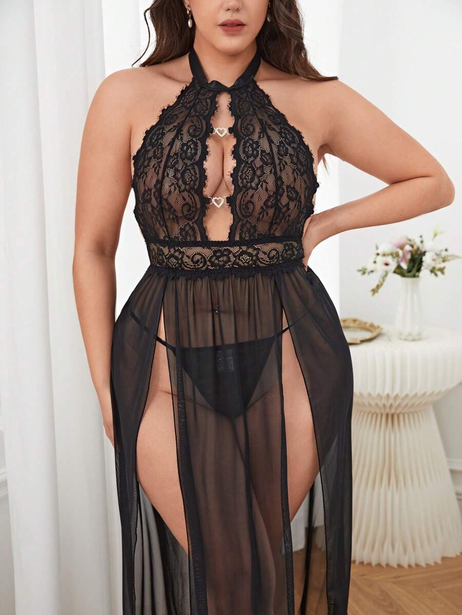 Classic Sexy Plus Contrast Lace Mesh Halter Dress With Thong | SHEIN USA