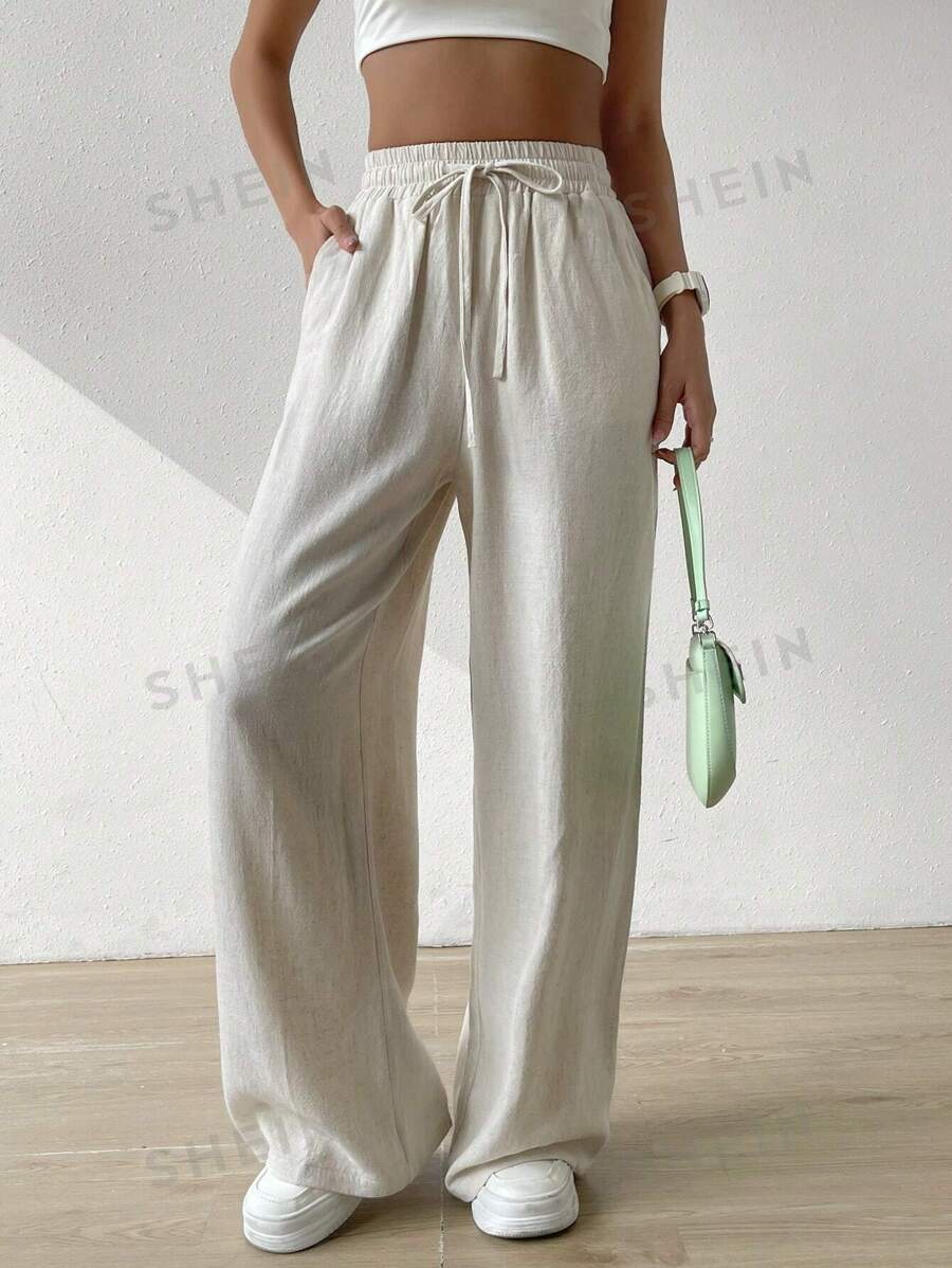SHEIN EZwear Women's Summer Solid Color Beige High Waist Drawstring ...