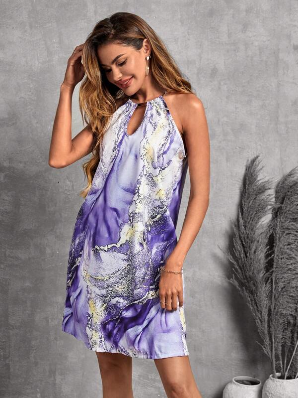 SHEIN Clasi Marble Print Cutout Front Halter Dress | SHEIN USA