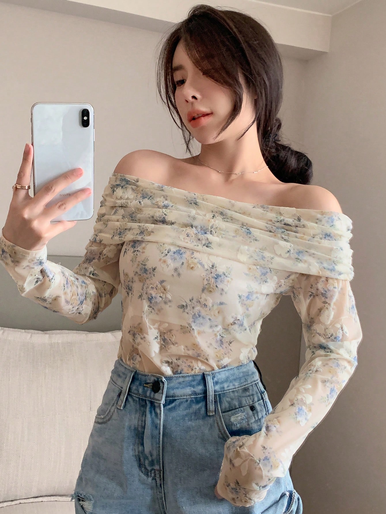 DAZY Kpop Floral Print Off Shoulder Ruched Mesh Overlay Top | SHEIN UK