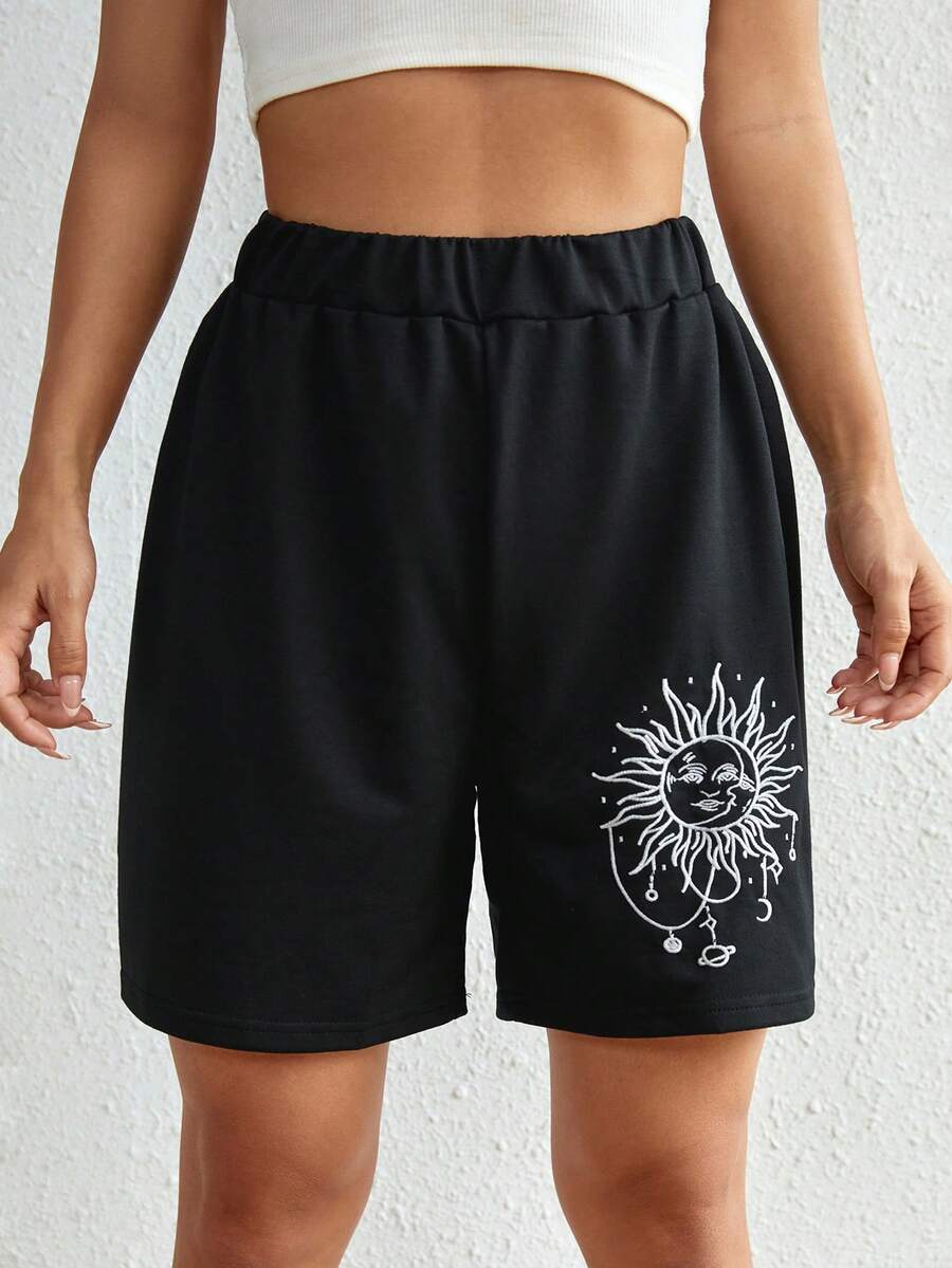 Flirla Sun & Moon Print Elastic Waist Shorts | SHEIN USA