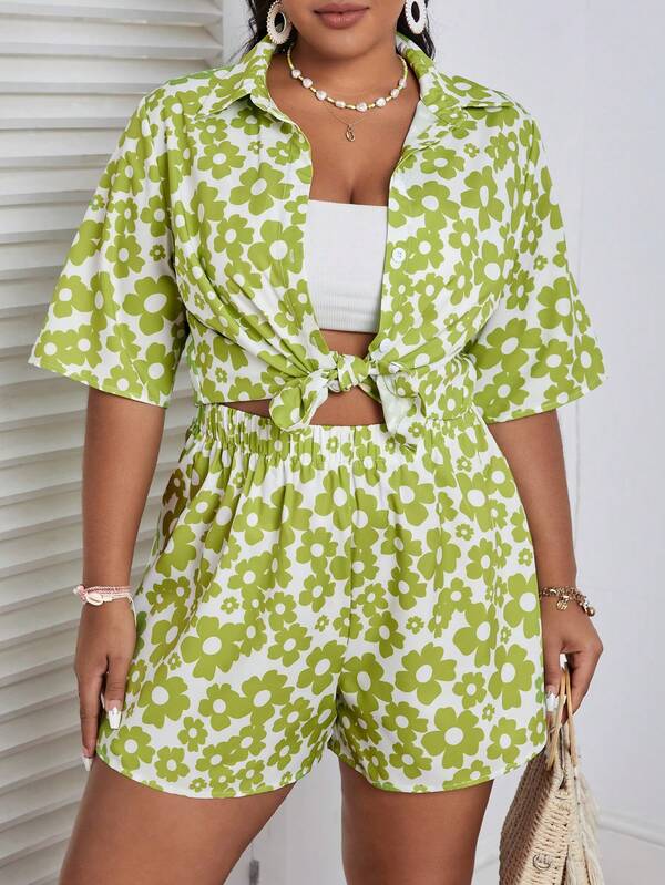 Shein Wywh Plus Allover Floral Print Shirt And Shorts Without Camisole