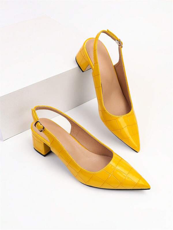 Fashion Yellow Pumps For Women, Crocodile Embossed Point Toe Chunky ...