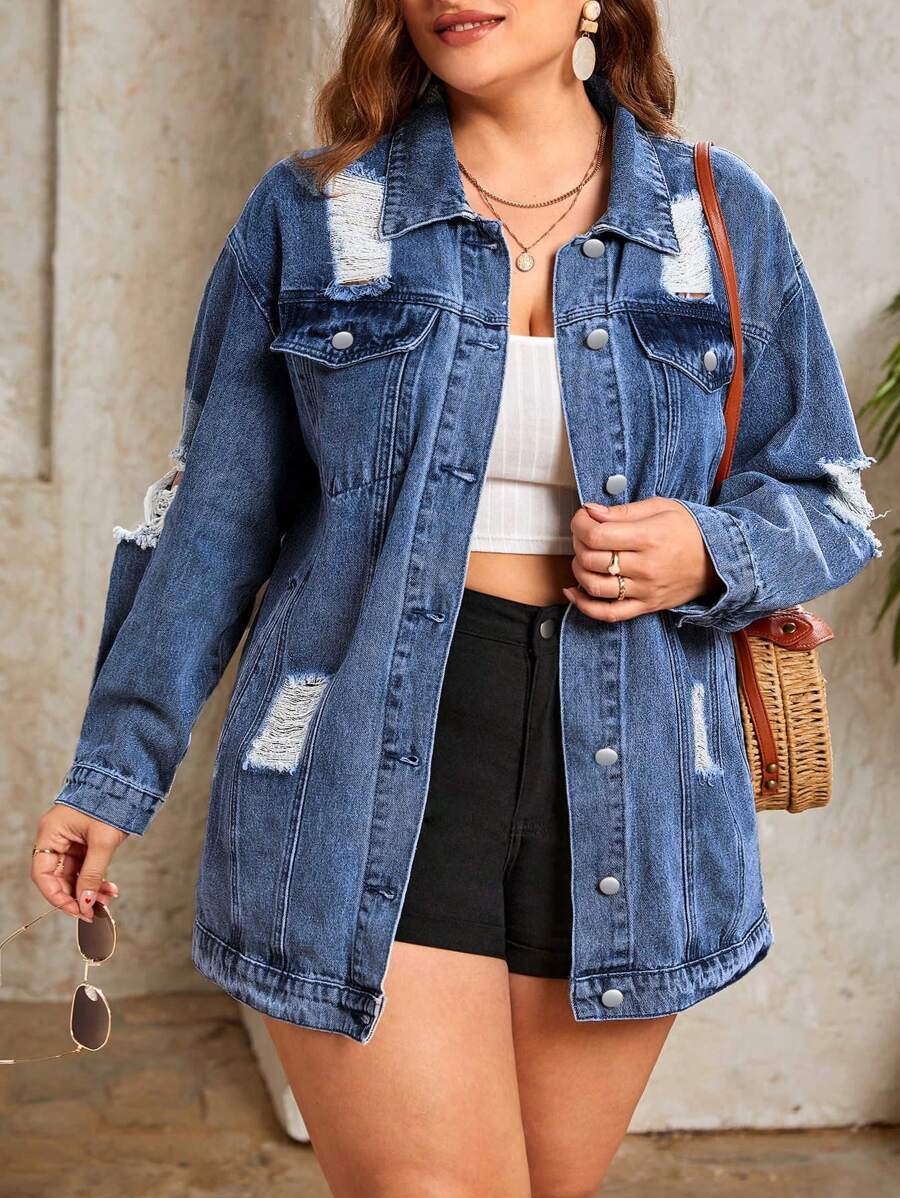 Plus Ripped Flap Pocket Drop Shoulder Denim Jacket | SHEIN USA