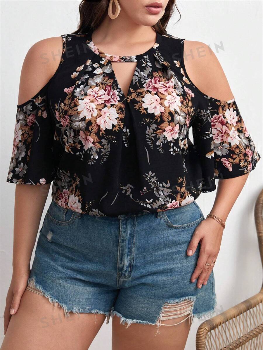 SHEIN CURVE+ Plus Size Spring Break Romantic Floral Printed Cold ...