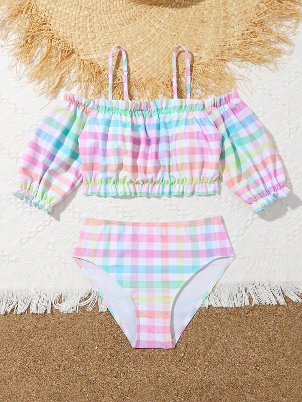 SHEIN Kids SUNSHNE Girls Plaid Frill Trim Bikini Swimsuit | SHEIN USA