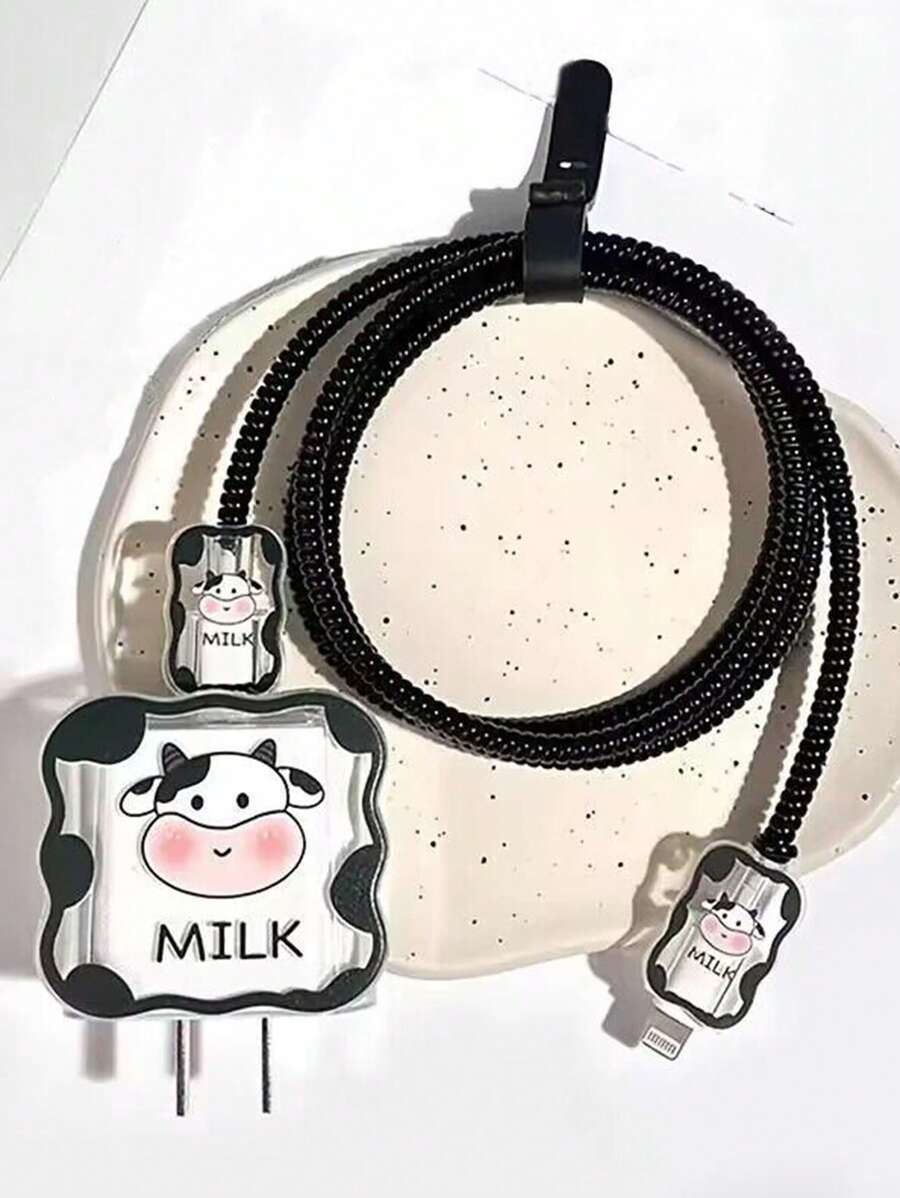 5pcs Cartoon Cow Pattern Data Cable Protector & Charging Head Cover ...